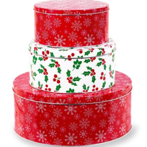 Steel Mill & Co Tin Containers with Lids, 3 Pack Christmas Cookie Tins, Festive Cookie Tins for Gift Giving & Holiday Treats, Round Metal Nesting Containers, Large Medium Small, Snowflake & Holly