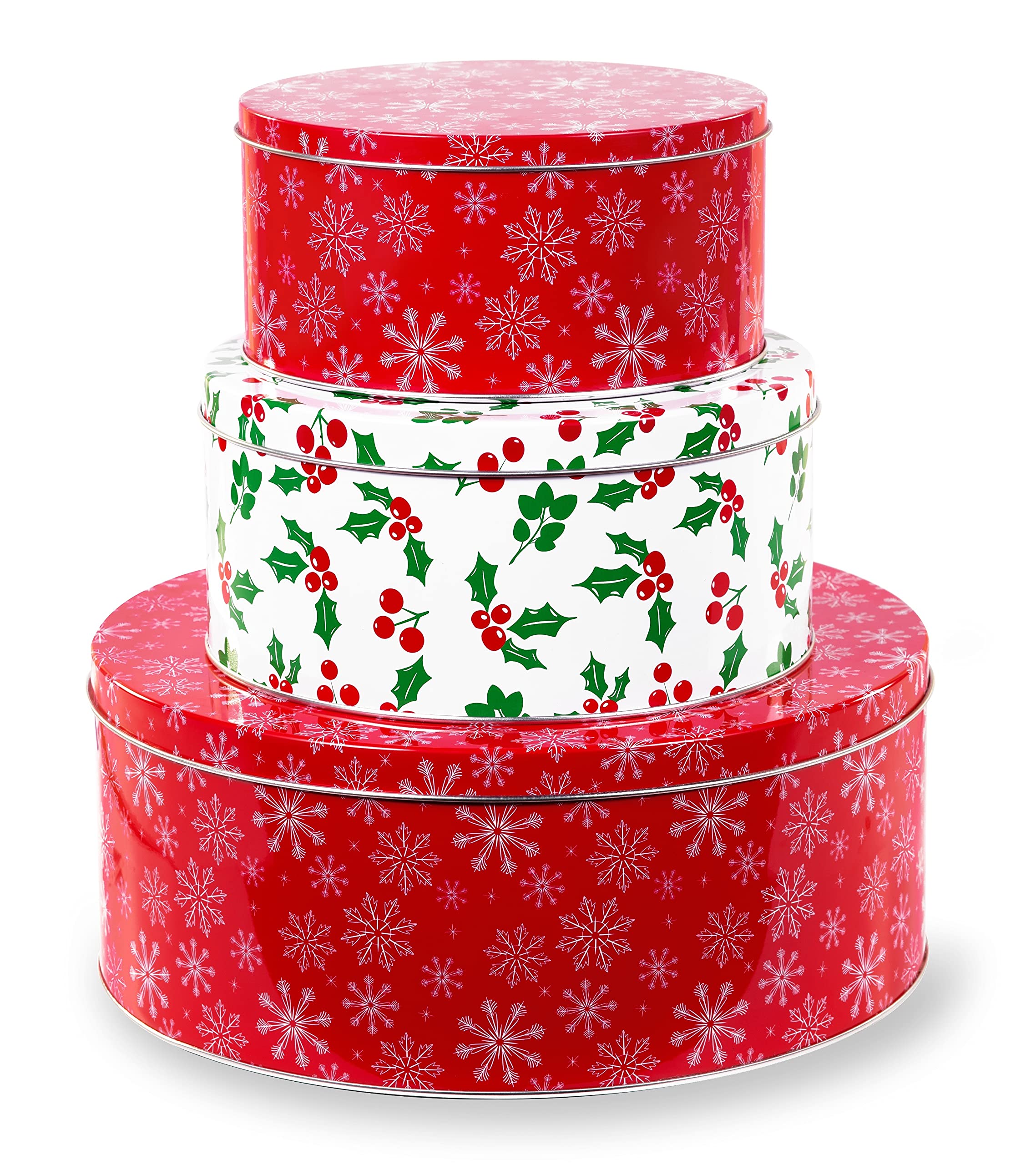 Steel Mill & Co Tin Containers with Lids, 3 Pack Christmas Cookie Tins, Festive Cookie Tins for Gift Giving & Holiday Treats, Round Metal Nesting Containers, Large Medium Small, Snowflake & Holly