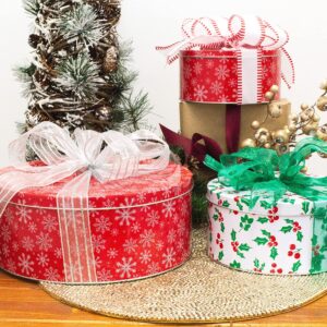 Steel Mill & Co Tin Containers with Lids, 3 Pack Christmas Cookie Tins, Festive Cookie Tins for Gift Giving & Holiday Treats, Round Metal Nesting Containers, Large Medium Small, Snowflake & Holly