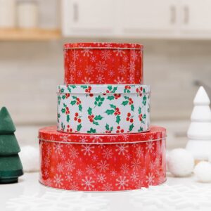 Steel Mill & Co Tin Containers with Lids, 3 Pack Christmas Cookie Tins, Festive Cookie Tins for Gift Giving & Holiday Treats, Round Metal Nesting Containers, Large Medium Small, Snowflake & Holly