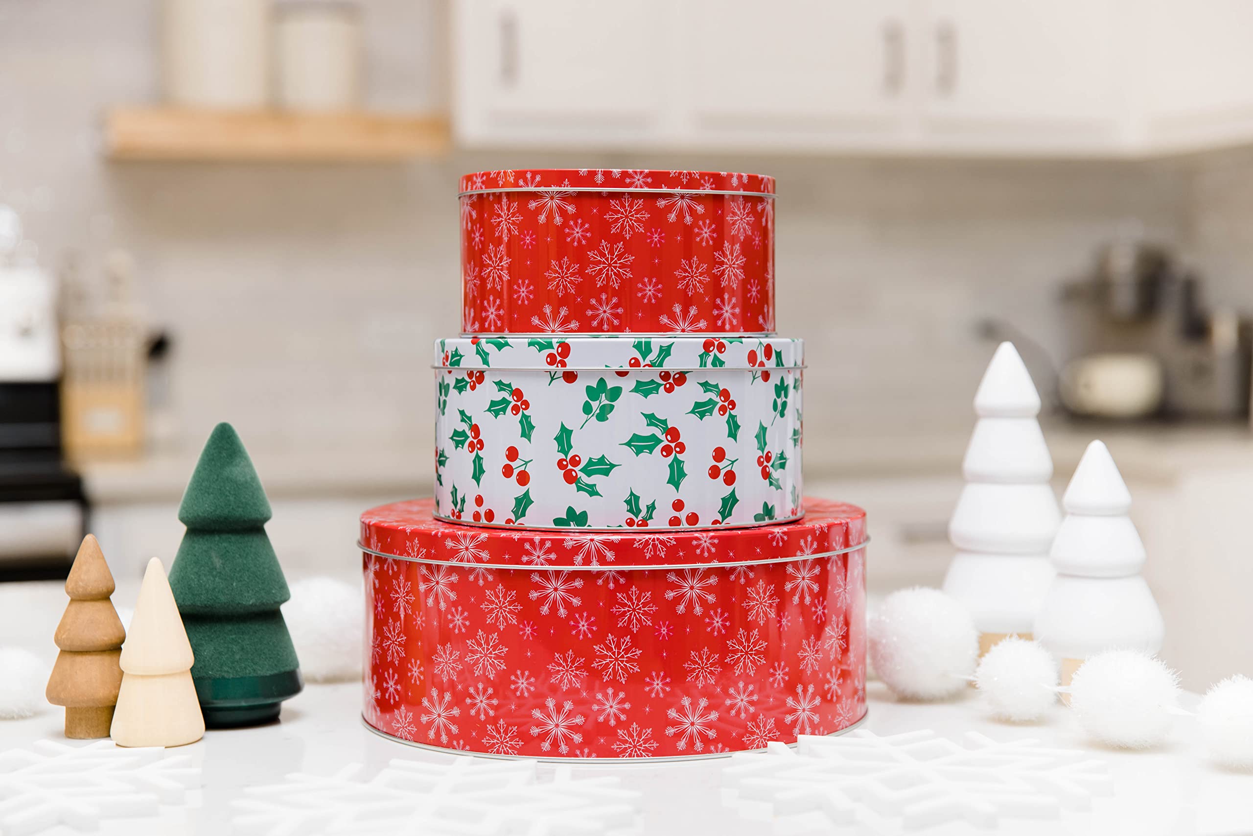 Steel Mill & Co Tin Containers with Lids, 3 Pack Christmas Cookie Tins, Festive Cookie Tins for Gift Giving & Holiday Treats, Round Metal Nesting Containers, Large Medium Small, Snowflake & Holly