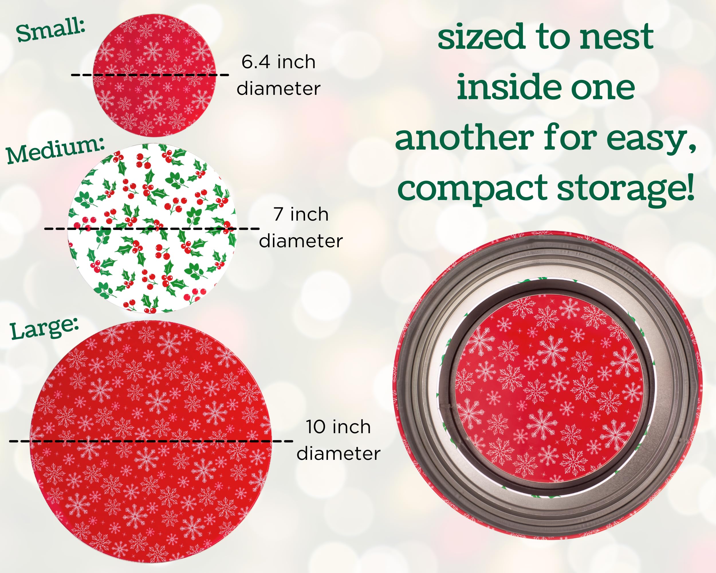 Steel Mill & Co Tin Containers with Lids, 3 Pack Christmas Cookie Tins, Festive Cookie Tins for Gift Giving & Holiday Treats, Round Metal Nesting Containers, Large Medium Small, Snowflake & Holly