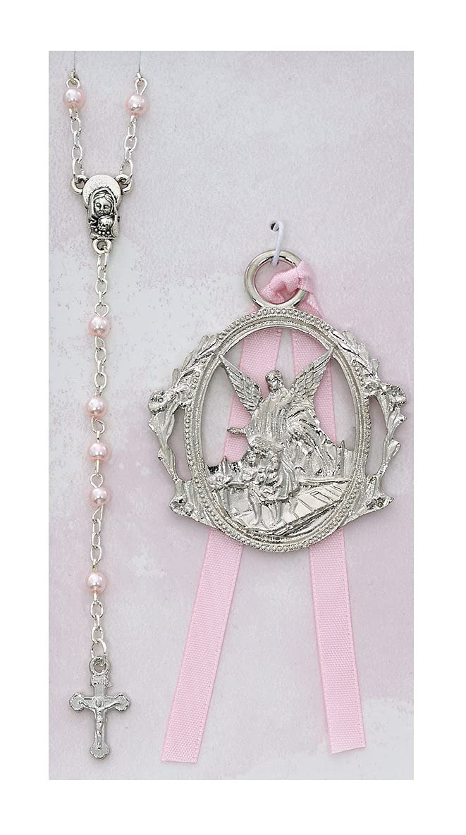 CatholicStore Girl's Guardian Angel Crib Medal & Rosary Set, Pink Ribbon, 2-1/2" Medallion, 3mm Beads