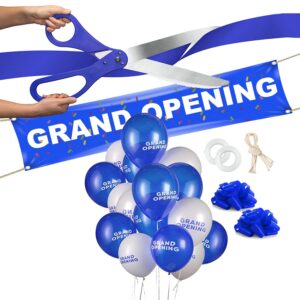 deluxe grand opening ribbon cutting ceremony kit - 25" giant scissors with blue satin ribbon, banner, bows, balloons & more