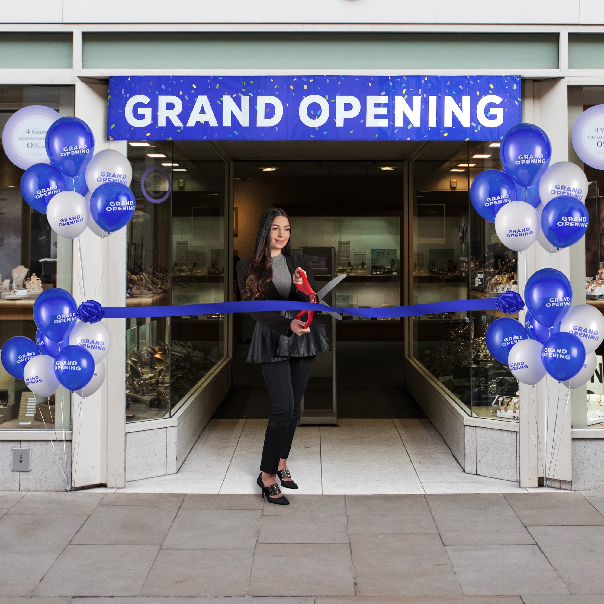 Deluxe Grand Opening Ribbon Cutting Ceremony Kit - 25" Giant Scissors with Blue Satin Ribbon, Banner, Bows, Balloons & More