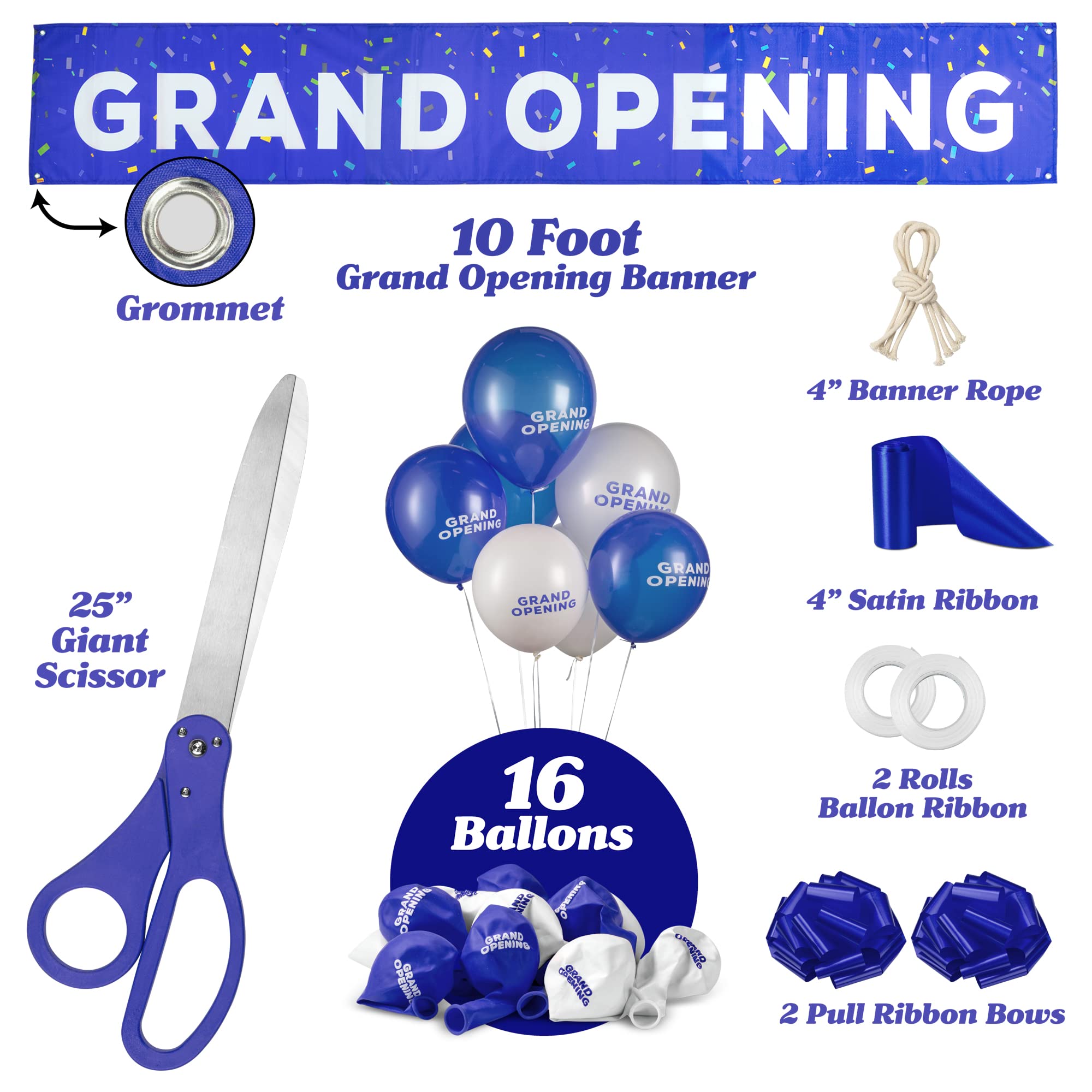 Deluxe Grand Opening Ribbon Cutting Ceremony Kit - 25" Giant Scissors with Blue Satin Ribbon, Banner, Bows, Balloons & More