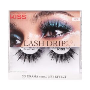 kiss lash drip false eyelashes, spiky x boosted volume, unique wet look hydrated effect, multi-length rewearable fake eyelashes, wispy crisscross lash pattern, style ‘drenched’, 1 pair