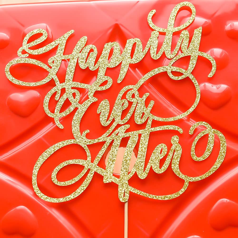 Happily Ever After Cake Topper - Glitter Wedding, Engagement, Bridal Shower, Bachelorette Party Decorations Gold