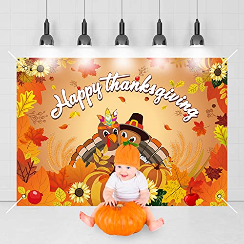 7x5ft Happy Thanksgiving Fabric Fall Photography Backdrop Autumn Leaves Pumpkin Turkey Sunflower Large Size Background for Fall Party Supplies Farm Harvest Event Banner Decoration Photo Booth Props