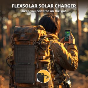 FlexSolar 10W Portable Solar Chargers 5V USB Small Power Emergency ETFE Panels Foldable IP67 Waterproof Camping Hiking Backpacking for Phones Fans Flashlight Watches Small Power Banks Battery Packs