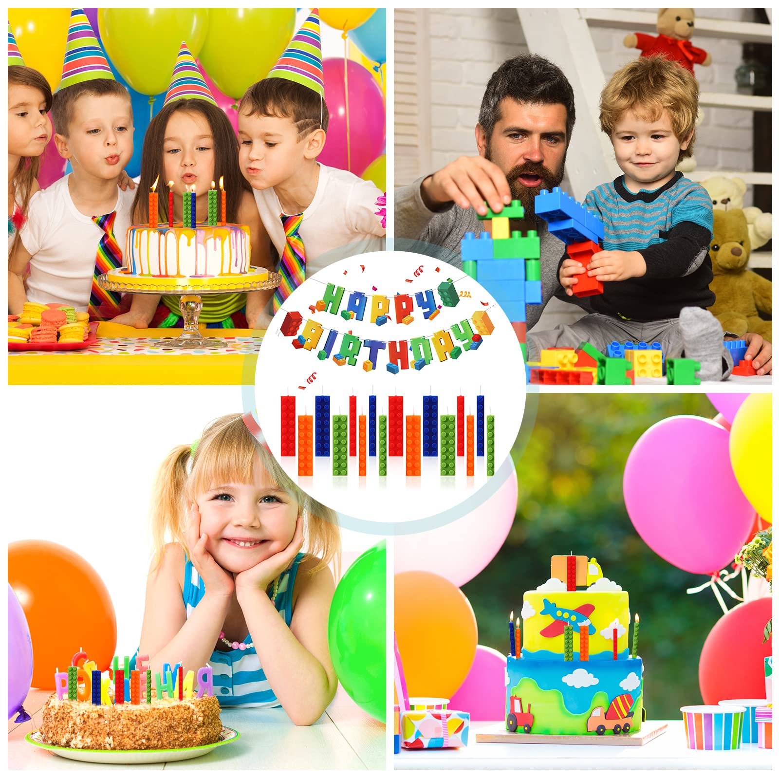 32 Pieces Building Blocks Birthday Supplies Building Block Candles Decorations Block Party Centerpiece Banner Party Supplies Happy Birthday Banner Brick Themed Party Favors