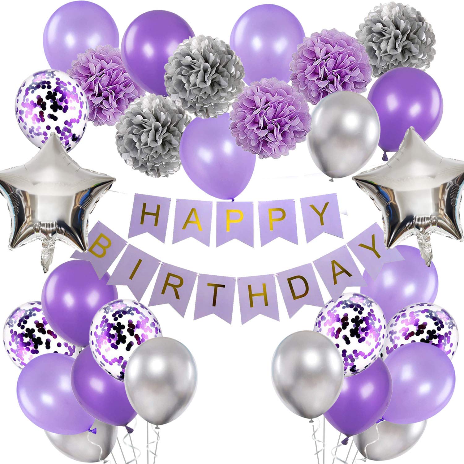 Rabbmall Birthday Decorations for Girls Purple and Silver Lavender Party Decor Kit for Her Women Including Happy Birthday Banner Pompom Flower Foil Balloons Confetti Latex Balloon Ribbons