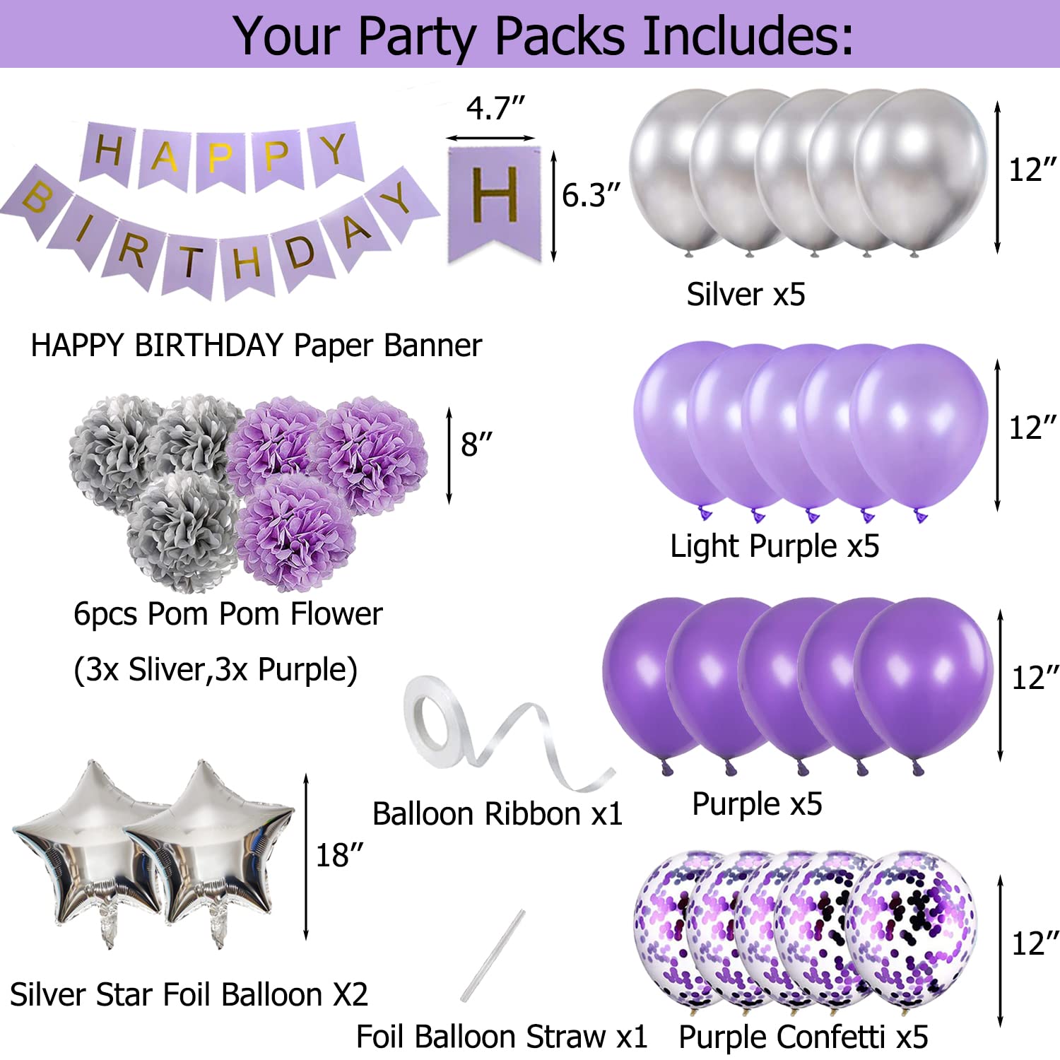 Rabbmall Birthday Decorations for Girls Purple and Silver Lavender Party Decor Kit for Her Women Including Happy Birthday Banner Pompom Flower Foil Balloons Confetti Latex Balloon Ribbons