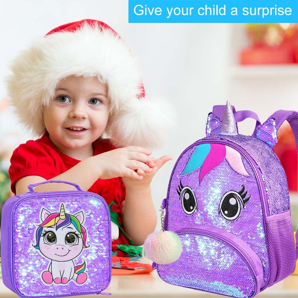 gxtvo Toddler Backpack for Girls, Unicorn Sequin Preschool Bookbag and Lunch Box, 12" Cute Cartoon Animal Schoolbag