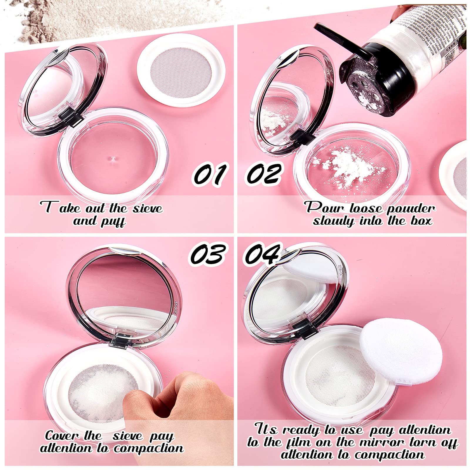 2 Pieces Loose Powder Container with Puff 0.17/0.7 oz Reusable Plastic Empty Powder Case Portable DIY Empty Makeup Powder Container Loose Powder Compact Case with Mirror and Elasticated Net Sifter