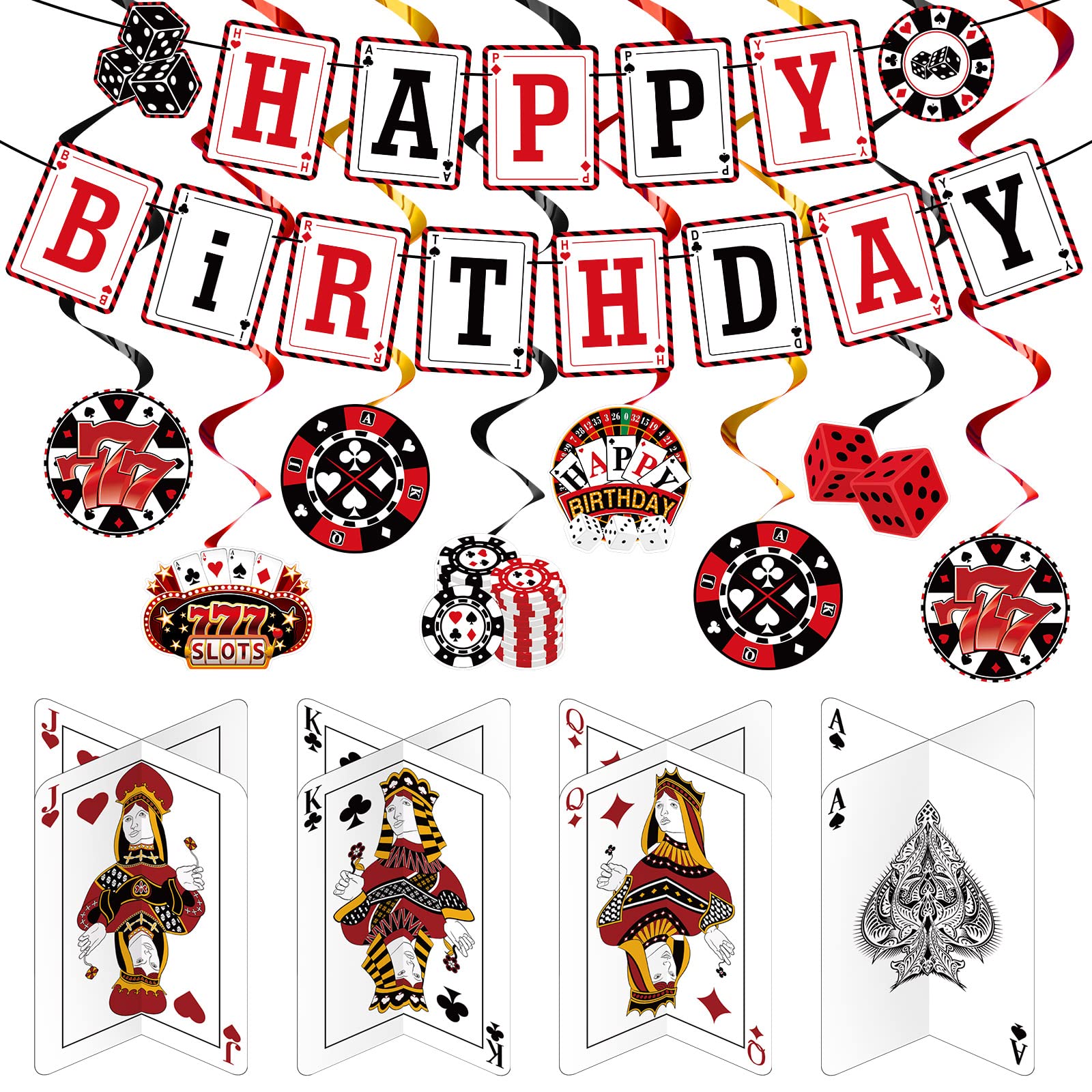 17 Pieces Casino Theme Party Decorations Casino Birthday Banner Poker Party Decorations Casino Hanging Swirl Decorations Poker 3D Table Toppers Casino Party Decorations for Casino Poker Party Supplies