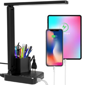 desk lamp,desk lamps for home office,cozoo led desk lamp with 2 usb charging ports,2 pen holders,1 outlet,3 color 3 brightness levels,touch/memory/timer,led desk light small desk lamp kids study lamp