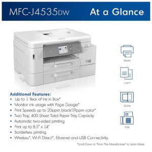 Brother INKvestment Tank MFC-J4535DWB Wireless Color All-in-One Inkjet Printer - Print Copy Scan Fax - 20 ppm, 4800 x 1200 dpi, 2.7" Touchscreen, Auto Duplex Print, 20-sheet ADF, Tillsiy Printer Cable