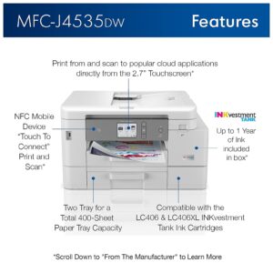 Brother INKvestment Tank MFC-J4535DWB Wireless Color All-in-One Inkjet Printer - Print Copy Scan Fax - 20 ppm, 4800 x 1200 dpi, 2.7" Touchscreen, Auto Duplex Print, 20-sheet ADF, Tillsiy Printer Cable