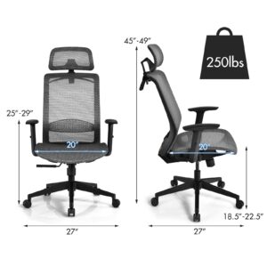 POWERSTONE Ergonomic Office Chair - High-Back Computer Desk Mesh Chair with Clothing Hanger - Executive Swivel Task Chair with Adjustable Arms and Head Rest (Gray)