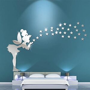 luckymeet wall decals stickers acrylic wall stickers cute little fairy stars,3d mirror modern diy wall stickers for kids room bedroom kindergarten, silver