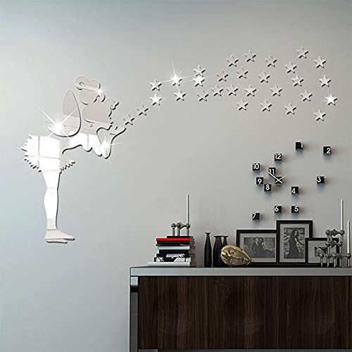 luckymeet Wall Decals Stickers Acrylic Wall Stickers Cute Little Fairy Stars,3D Mirror Modern DIY Wall Stickers for Kids Room Bedroom Kindergarten, Silver