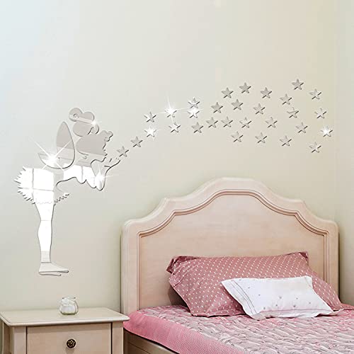 luckymeet Wall Decals Stickers Acrylic Wall Stickers Cute Little Fairy Stars,3D Mirror Modern DIY Wall Stickers for Kids Room Bedroom Kindergarten, Silver