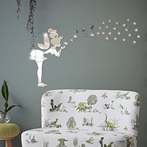 luckymeet Wall Decals Stickers Acrylic Wall Stickers Cute Little Fairy Stars,3D Mirror Modern DIY Wall Stickers for Kids Room Bedroom Kindergarten, Silver