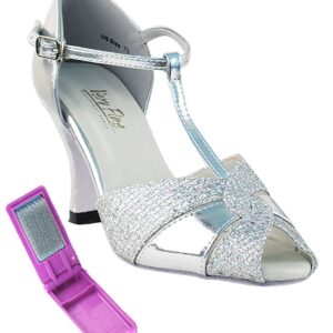 Very Fine Dance Shoes - Ladies Latin, Rhythm, Salsa Ballroom Dance Shoes - 6006-3-inch Heel and Foldable Brush Bundle - Silver Leathe-Silver Sparklenet - 6