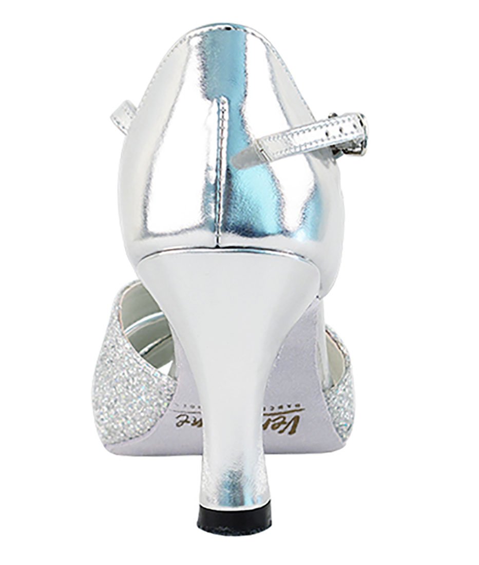 Very Fine Dance Shoes - Ladies Latin, Rhythm, Salsa Ballroom Dance Shoes - 6006-3-inch Heel and Foldable Brush Bundle - Silver Leathe-Silver Sparklenet - 6