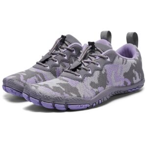 Racqua Outdoor Barefoot Hiking Walking Shoes Arch Support Zero Drop Trail Running Shoes Wide Toe Box Minimalist Sport Shoes for Women Grey/Violet 6