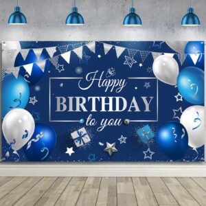 happy birthday decorations backdrop banner, navy blue and silver birthday party decoration happy birthday banner sign photo background for men women children boys birthday supplies, 72.8 x 43.3 inch