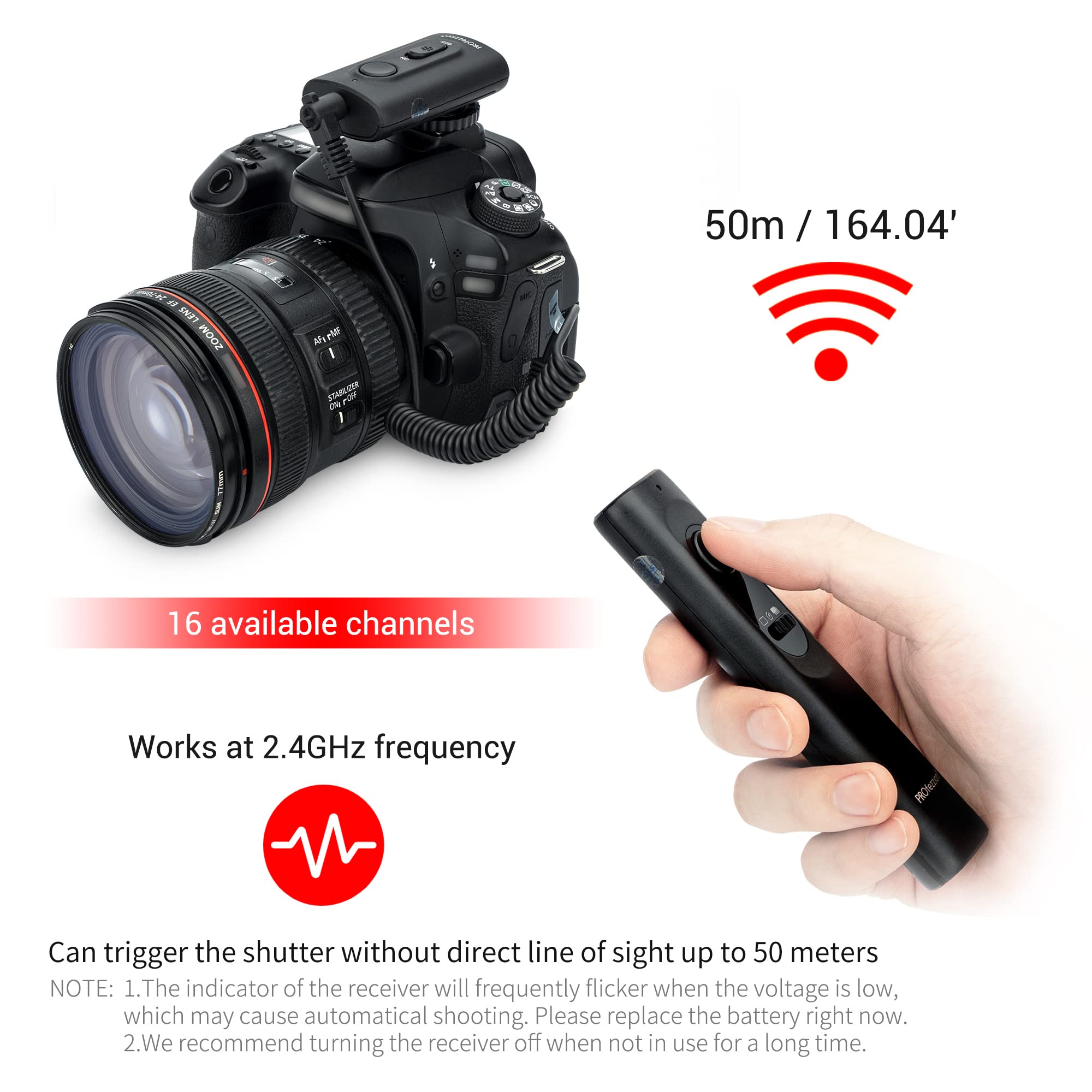 Camera Remote Shutter Release Wireless: [164'] Radio Control Accessories for Canon Rebel T7 T6 T5 T8i T7i SL3 EOS R RP R100 R7 R6 Mark II 90D 80D 70D 2000D, with AAA Battery & Removable Tripod Clip