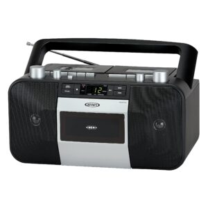 jensen mcr-1500 vintage stereo portable cd/mp3 dual cassette deck recorder boombox, led display, am/fm radio, bass boost (exclusive) (platinum silver)