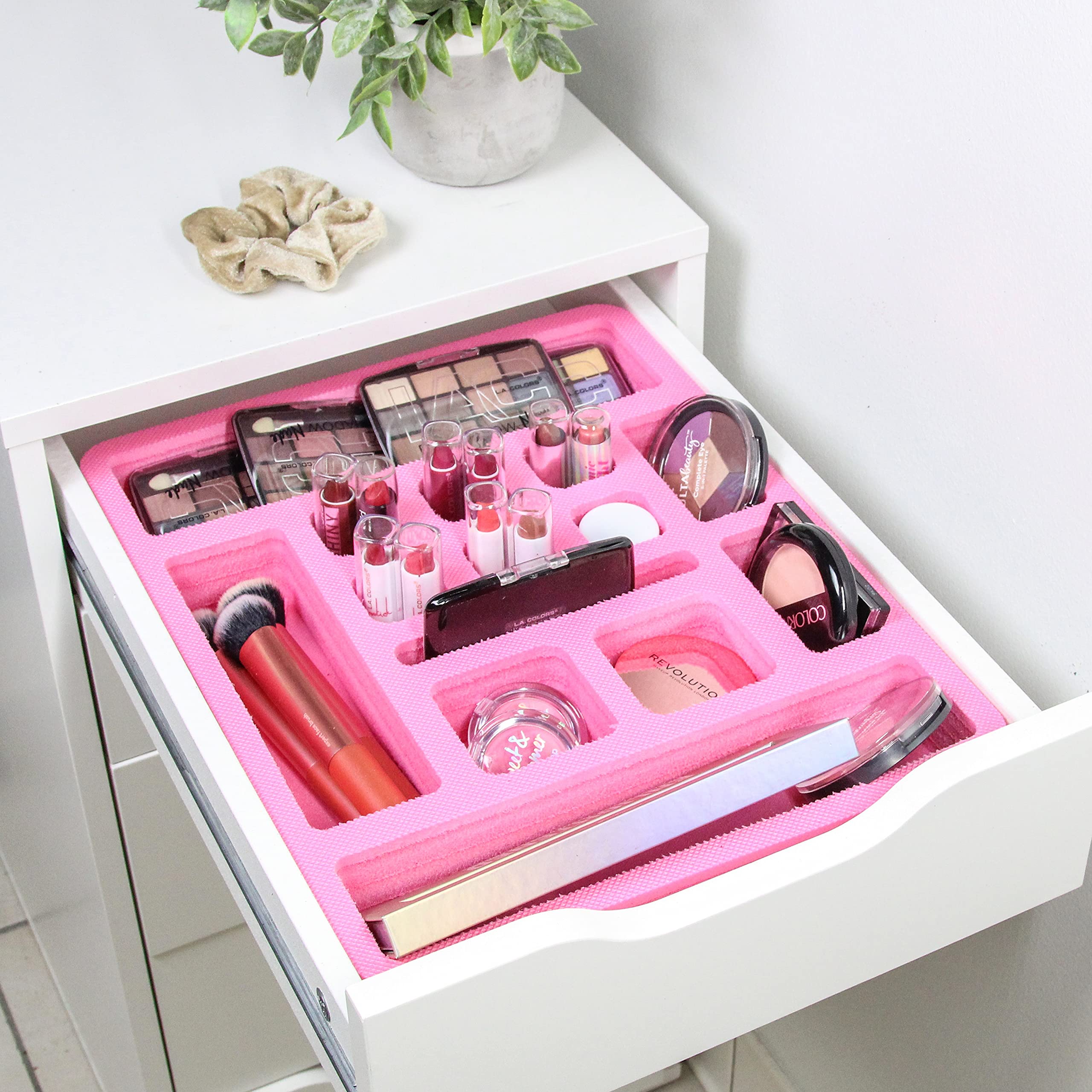 Polar Whale Makeup Pink Drawer Organizer Tray Washable Waterproof Durable Foam Insert for Home Bathroom Bedroom Office 11.5 x 14.5 Inches 14 Compartments for Lipstick Eyeliner Cosmetics and More