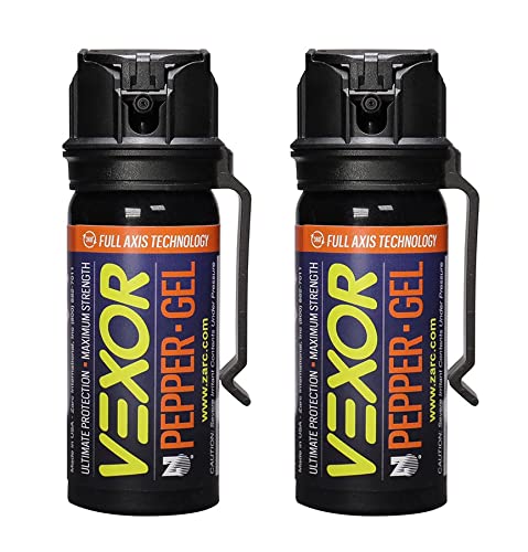 VEXOR® Pepper Gel from Zarc™, Maximum Strength Police Pepper Spray, Gel is The Future, Full Axis (360°) Technology Shoots from Any Angle 18-feet, Flip-top Safety aand Belt Clip Included (2 Pack)