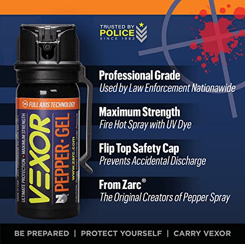 VEXOR® Pepper Gel from Zarc™, Maximum Strength Police Pepper Spray, Gel is The Future, Full Axis (360°) Technology Shoots from Any Angle 18-feet, Flip-top Safety aand Belt Clip Included (2 Pack)