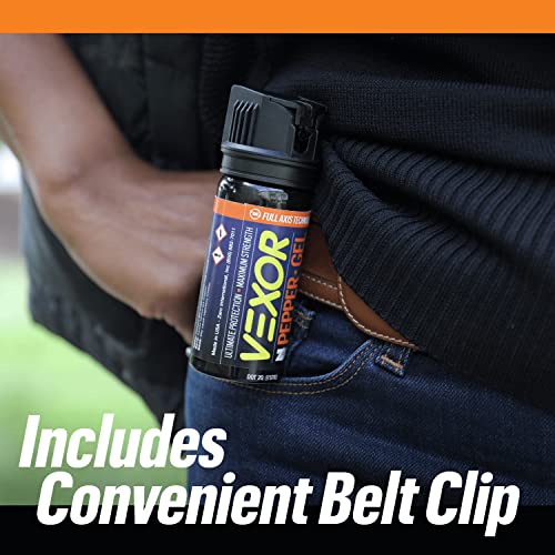 VEXOR® Pepper Gel from Zarc™, Maximum Strength Police Pepper Spray, Gel is The Future, Full Axis (360°) Technology Shoots from Any Angle 18-feet, Flip-top Safety aand Belt Clip Included (2 Pack)