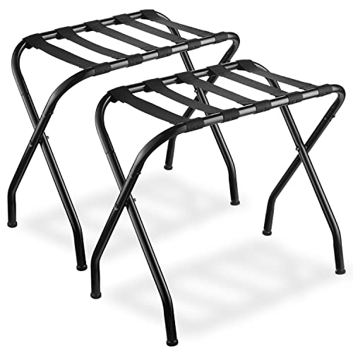 Bartnelli 2-Pack Folding Luggage Rack Collapsible Metal Suitcase Stand with Durable Black Nylon Straps- for Bedroom, Guest Room, or Hotel (Black Steel)