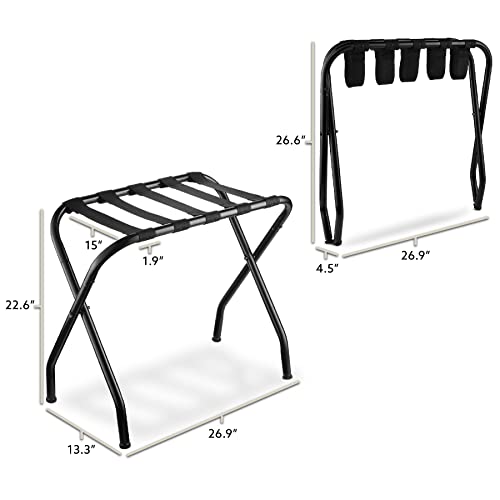 Bartnelli 2-Pack Folding Luggage Rack Collapsible Metal Suitcase Stand with Durable Black Nylon Straps- for Bedroom, Guest Room, or Hotel (Black Steel)