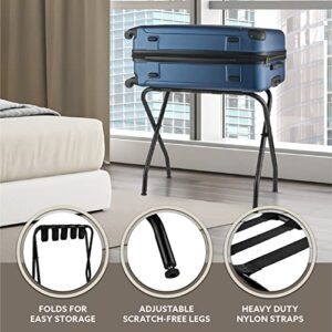 Bartnelli 2-Pack Folding Luggage Rack Collapsible Metal Suitcase Stand with Durable Black Nylon Straps- for Bedroom, Guest Room, or Hotel (Black Steel)