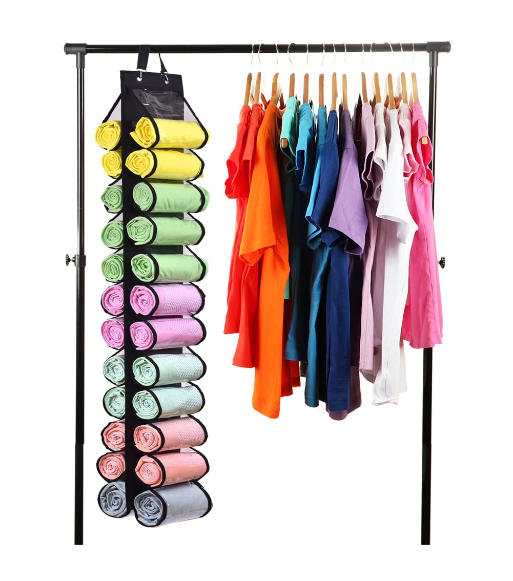 RZMAYIS Legging Storage Bag Storage Hanger Can Holds 24 Leggings or Shirts Jeans Compartment Storage Hanger, Foldable Leggings Organizer Clothes Portable Closets Roll Holder (Black)