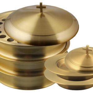 Communion Ware 3 Holy Wine Serving Trays with A Lid & 2 Stacking Bread Plates with A Lid - Stainless Steel (Brass/Gold)