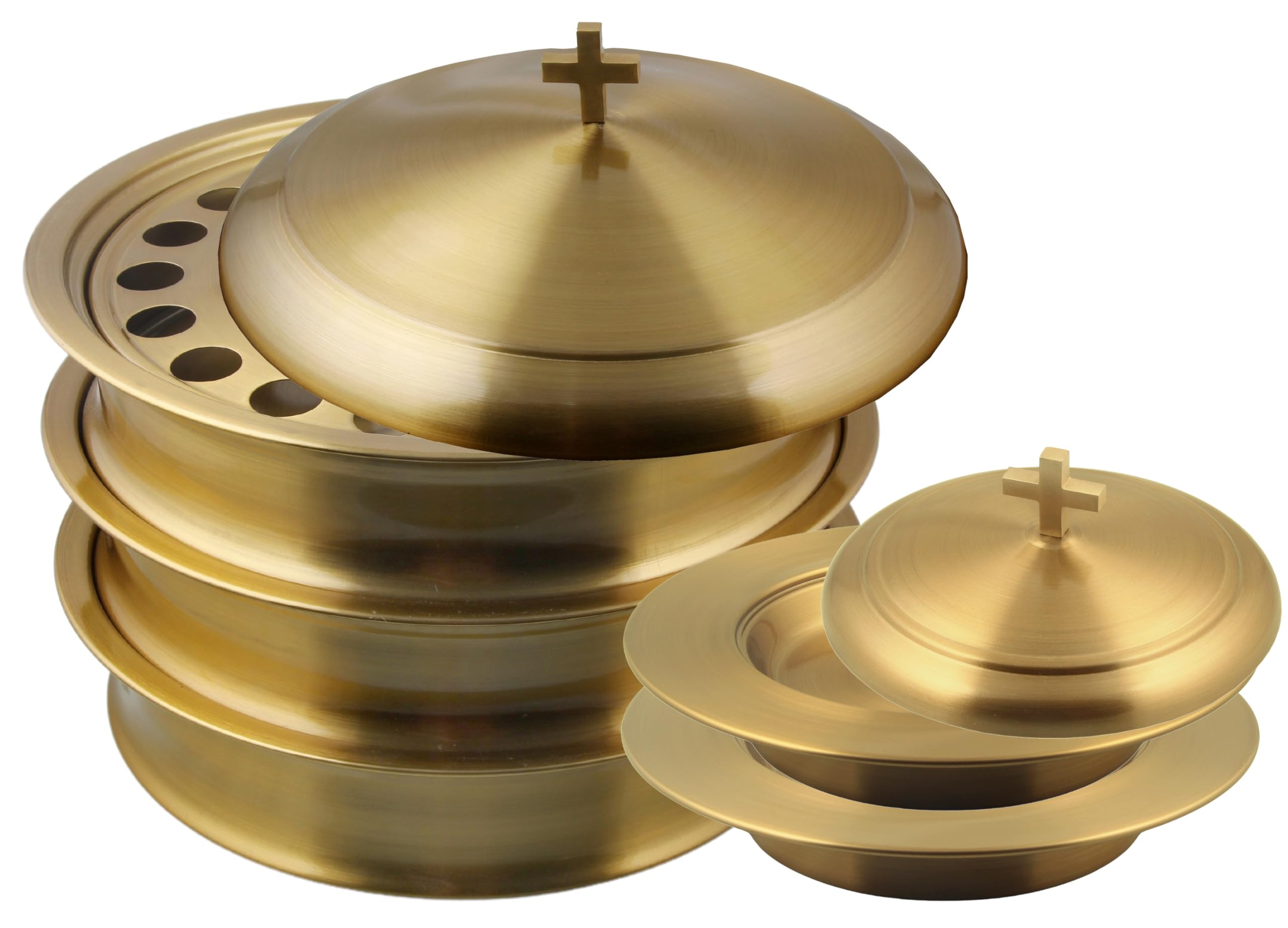 Communion Ware 3 Holy Wine Serving Trays with A Lid & 2 Stacking Bread Plates with A Lid - Stainless Steel (Brass/Gold)