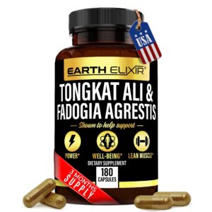 earth elixir fadogia agrestis 600mg and tongkat ali 500mg supplements (180 capsules) - made in usa - 3 month supply – 3rd party tested - long jack - tongkat ali fadogia agrestis supplements for men