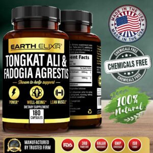 Earth Elixir Fadogia Agrestis 600mg and Tongkat Ali 500mg Supplements (180 Capsules) - Made in USA - 3 Month Supply – 3rd Party Tested - Long Jack - Tongkat Ali Fadogia Agrestis Supplements for Men