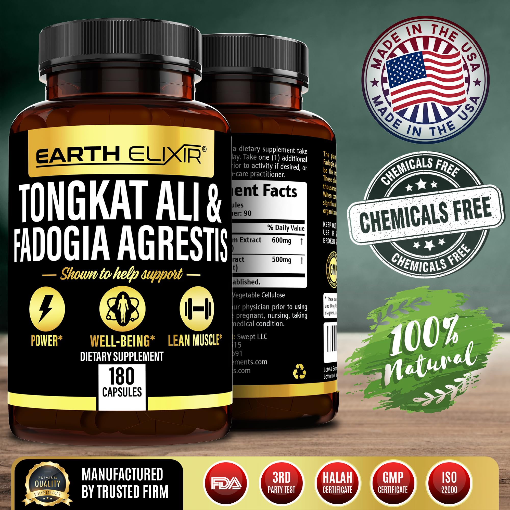 Earth Elixir Fadogia Agrestis 600mg and Tongkat Ali 500mg Supplements (180 Capsules) - Made in USA - 3 Month Supply – 3rd Party Tested - Long Jack - Tongkat Ali Fadogia Agrestis Supplements for Men