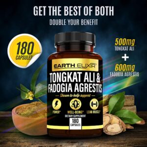 Earth Elixir Fadogia Agrestis 600mg and Tongkat Ali 500mg Supplements (180 Capsules) - Made in USA - 3 Month Supply – 3rd Party Tested - Long Jack - Tongkat Ali Fadogia Agrestis Supplements for Men