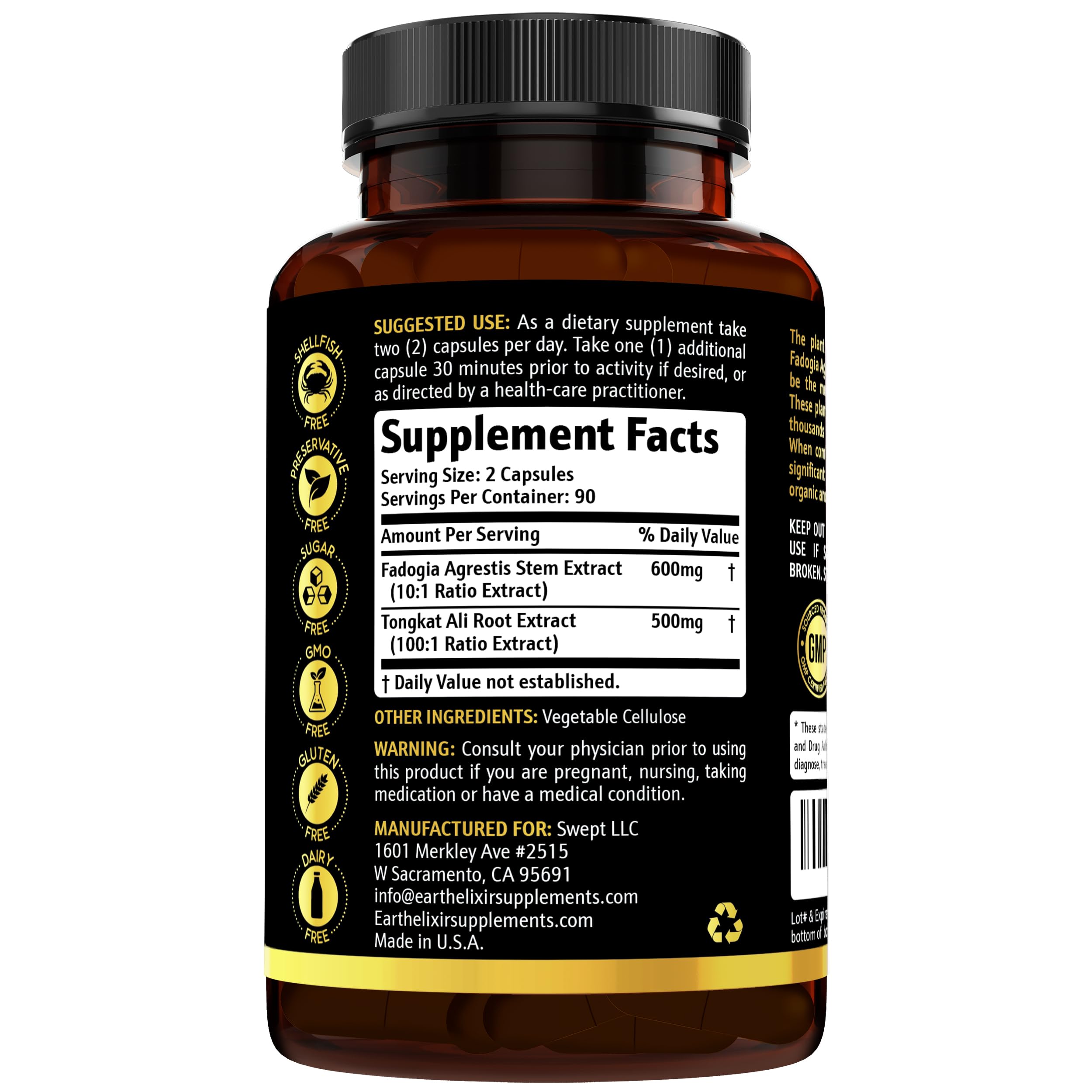 Earth Elixir Fadogia Agrestis 600mg and Tongkat Ali 500mg Supplements (180 Capsules) - Made in USA - 3 Month Supply – 3rd Party Tested - Long Jack - Tongkat Ali Fadogia Agrestis Supplements for Men