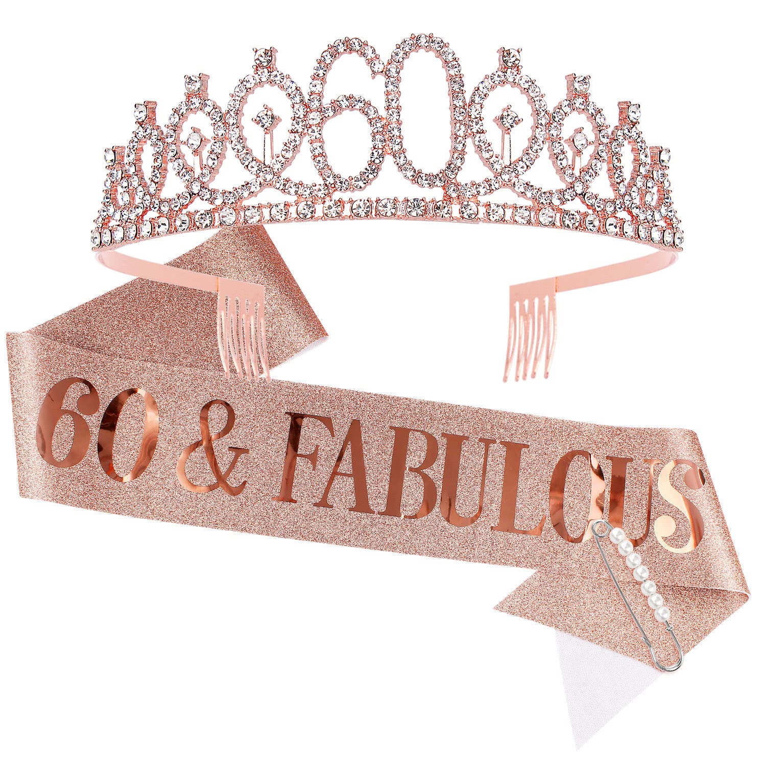 Tihebax 60th Birthday Sash and Tiaras for Women, 60th Birthday Decorations Women Fabulous Sash and Crown for Women 60 & Fabulous Birthday Gifts for Happy 60th Birthday Party Favor Supplies (Rose Gold)